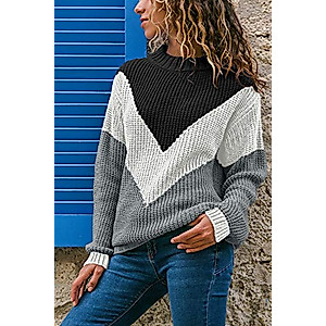 Acelitt Women's Ladies Winter Casual Warm Thick Long Sleeve Crewneck Color Block Contrast Knit Pullover Sweaters Tops Jumpers Black Large