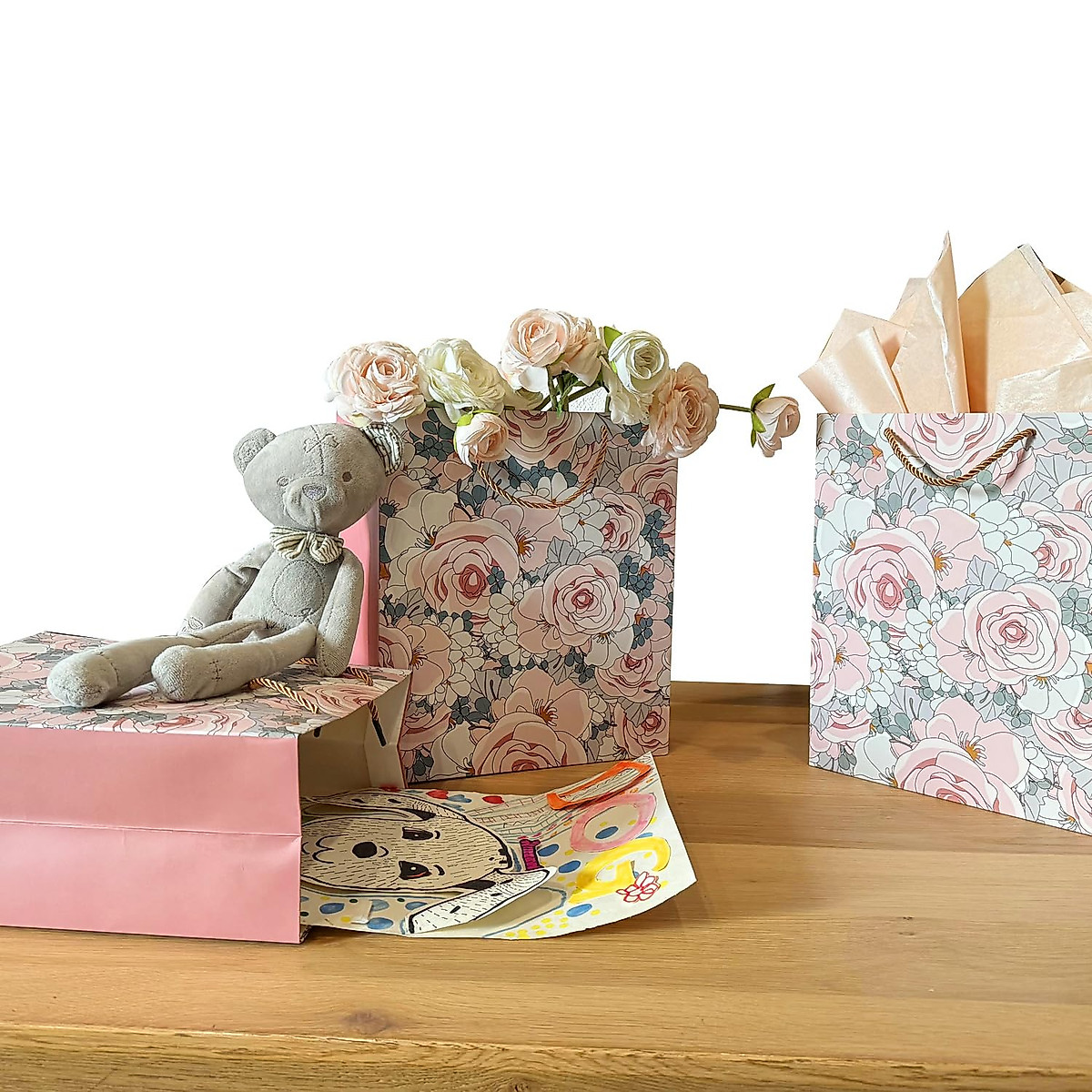 AMROSE Large 13'' Gift Bag withTissue Paper and Card, Recyclable Paper Gift Bag for Birthdays, Thanksgiving, Christmas, Mother's Day, Wedding, Engagement, Parties and More,Watercolor Floral