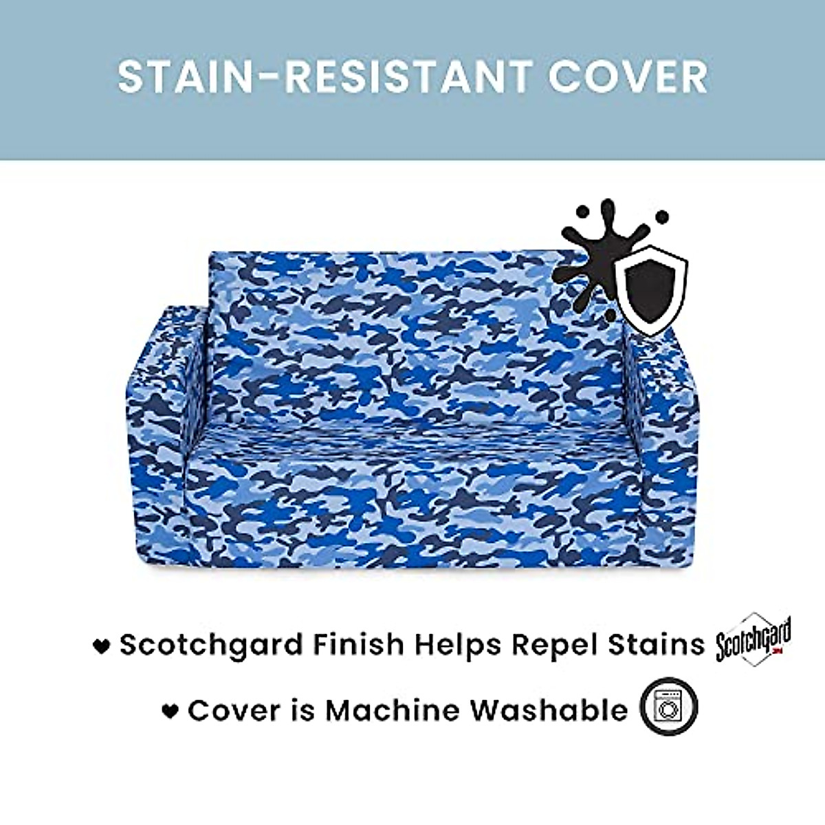 Delta Children Cozee 2-in-1 Extra Wide Convertible Sofa to Lounger-Comfy Flip Open Couch/Sleeper for Kids, Blue Camo