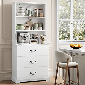 HIFIT 71" Tall Storage Cabinet, Tall Bookshelves and Bookcases with 3 Large Drawers & 3 Deep Shelves, Kitchen Pantry Cabinet with Hutch, Modern Storage Cabinet for Home Office, Living Room, White