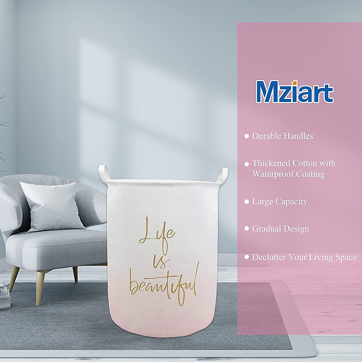 Mziart Storage Bins, 19.7" Large Storage Basket Canvas Nursery Hamper Collapsible Laundry Baskets Waterproof Organizer Basket with Gradient Design for Toys Clothes Kids Bedroom (Pink)