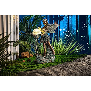 TERESA'S COLLECTIONS Large Garden Fairy Outdoor Statue, Solar Garden Sculptures & Statues with Crackle Glass Globe, Bronze Patina Garden Art for Lawn Patio Balcony Decor 13.2 inch