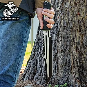USMC Operation Mako Knife | 10 3/4" Full-Tang Stainless Steel Blade | Sawback and Partial Serrations | Hard TPU Handle | Nylon Belt Sheath | 16 1/2" Overall Length