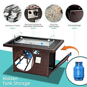 RADIATA PE Wicker Patio Furniture Set Sectional High Back Large Size Sofa Sets with Propane Fire Pit Table 55000 BTU Balcony Rattan Lounge Conversation Sets for Outdoor (6 Pieces,Brown)