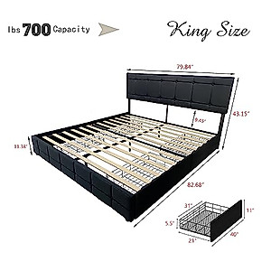 NNV Upholstered King Size Platform Bed Frame with 4 Storage Drawers, Button Tufted Mattress Foundation with Wooden Slats Support, No Box Spring Needed,Black