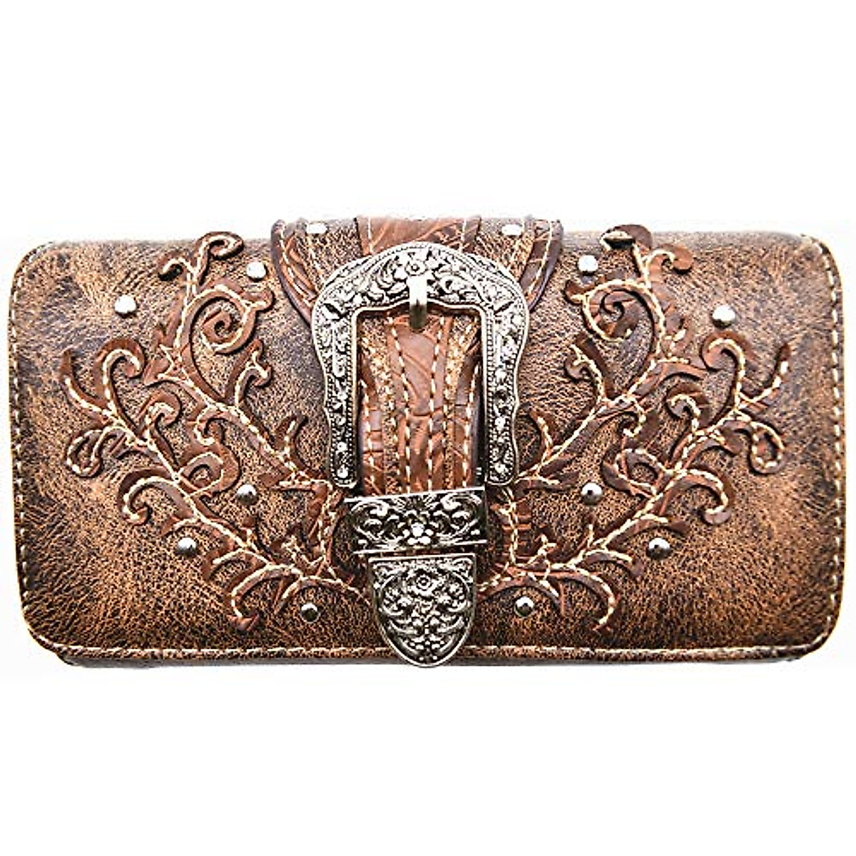 Western Style Tooled Leather Conceal Carry Purse Buckle Country Large Totes Handbag Women Shoulder Bag Wallet Set Brown