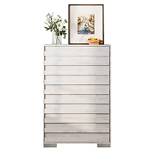 Albott Farmhouse 5 Drawers Dresser, Wood Rustic Chest of Drawers for Bedroom, Tall Dressers Organizer with Hidden Handles for Living Room, Hallway, Entryway, Distressed White