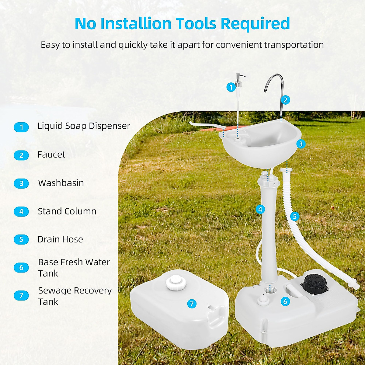 YITAHOME Portable Sink Camping Hand Washing Station, 17 L Wash Basin Stand with 24L Recovery Tank, Rolling Wheels, Soap Dispenser, Towel Holder, for Garden, Outdoor, Travel, Boat, Gather, Worksite