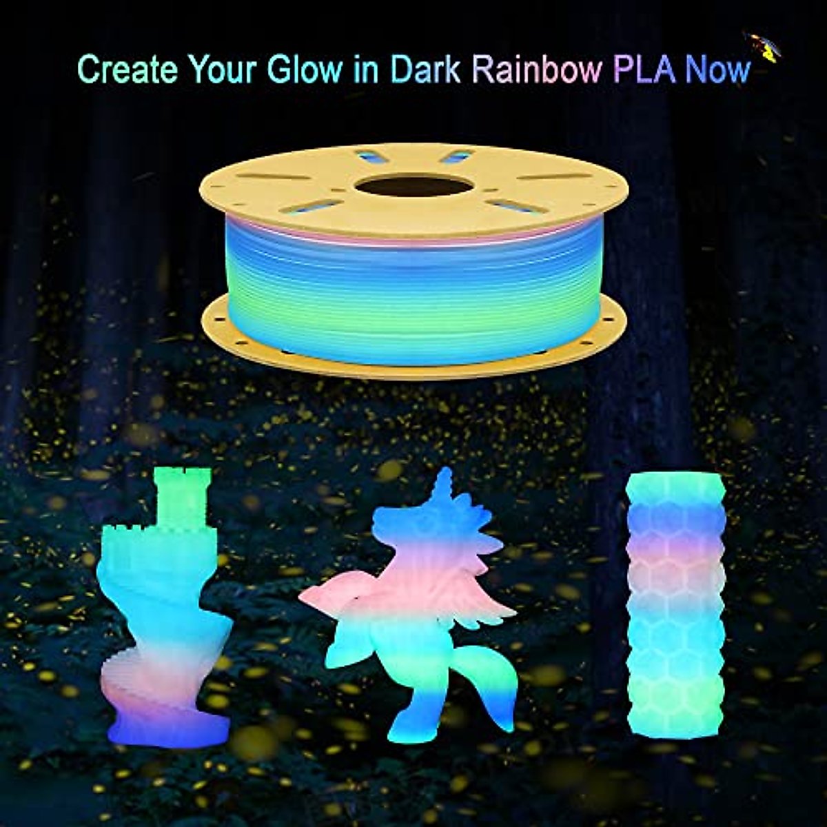 1.75mm Glowing in Dark Fast Color Change Rainbow Multi Colored PLA Filament, Each 5-10m Fast Color Random Gradually Changed 3D Printer Material, 1KG 2.2lbs PLA with Extra 3D Printing Tool by MIKA3D
