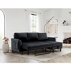 Modern Velvet Pull Out Sleeper Sofa Bed with Chaise, Comfy L Shaped Convertible Sleeper Couch with Storage and Pocket, Sectional 3 Seat Couch for Living Room Furniture or Office, Smooth Back - Black