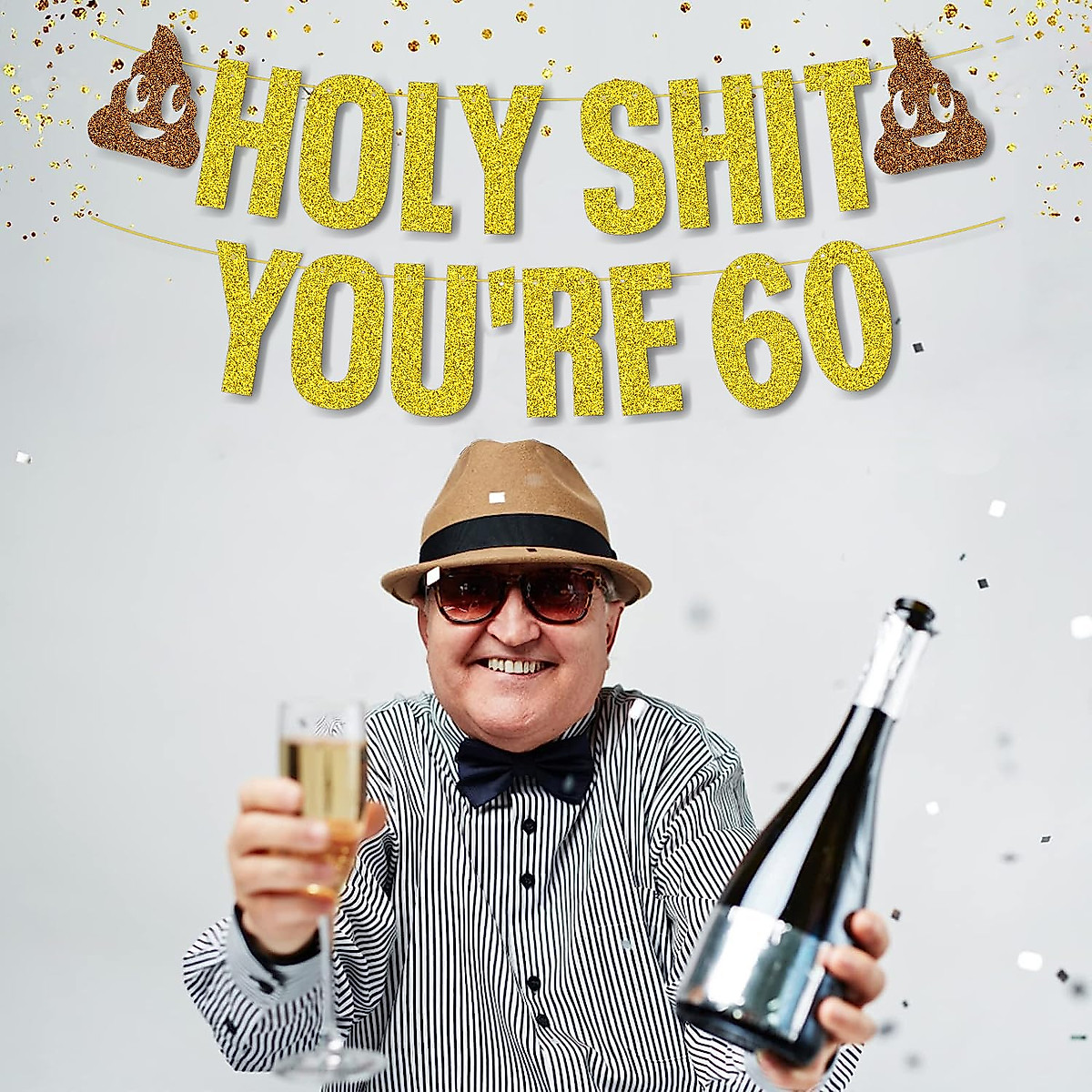Gold Glitter Holy Shit You're 60 Birthday Banner Party Decoration,Happy 60th Birthday/Cheers to 60 Years, Funny 60th Birthday Party Decorations Supplies (Gold 60th)