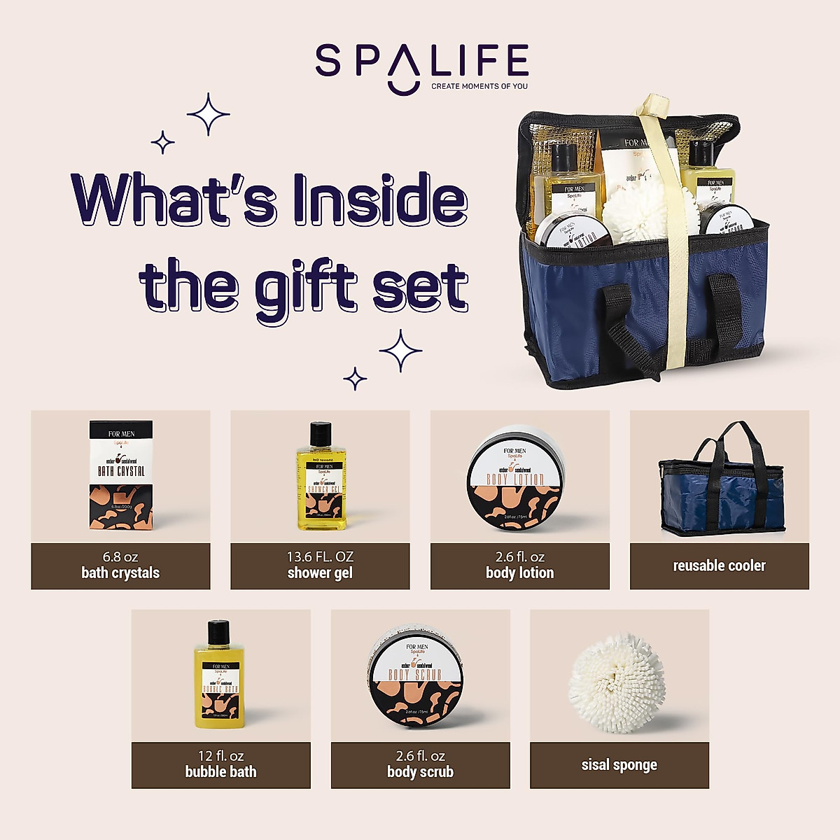 SpaLife Men's Sandalwood Luxury Spa Skincare Set - Complete Care Kit for Rugged Revitalization, Exfoliating Scrub - Bath and Body Collection for Cleansing, Moisturizing, and Rejuvenation