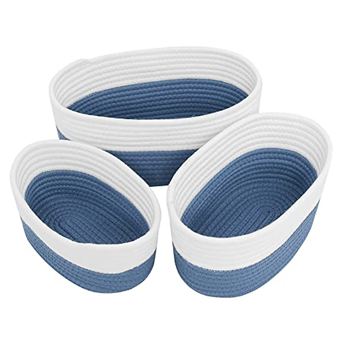 Hombins 3 Set Cotton Rope Storage Baskets with Handles | Round Baskets Set for Organization, Toy Basket, Small Soft Baby Nursery Baskets, Cat Dog Toy Basket, Gift, White&Blue