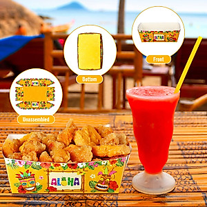 Blulu 50 Packs Hawaiian Party Decoration Tiki Disposable Paper Food Tray Aloha Nacho Tray Luau Paper Food Holder Boat Tropical Party Paperboard Tray Palm Leaf for Summer Beach Pool Party (Tiki)