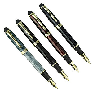 Jinhao 4 PCS X450 Fountain Pen Set, 4 Colors (Blue, Black, Red, Ice Cracks), Medium Nib With Ink Converter, Golden Trim, Gift Case