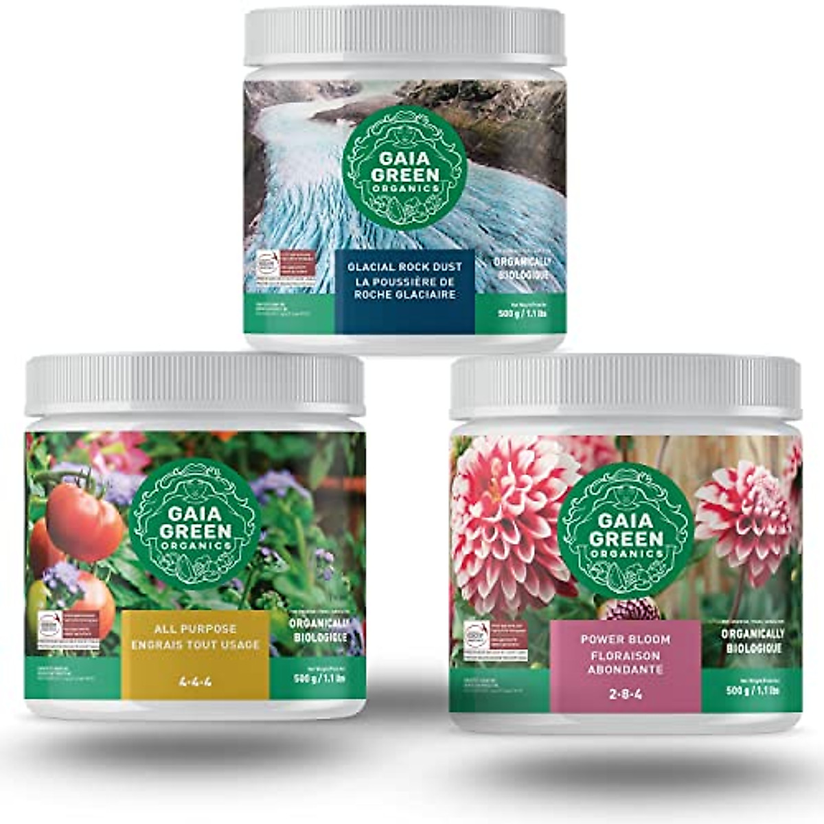 Gaia Green 4-4-4 All Purpose Fertilizer, Glacial Rock Dust, Gaia Green 2-8-4 Power Bloom Organic Plant Nutrients | Works Like Magic (500g Tubs) (Combo)