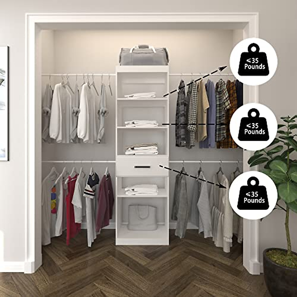 SOLRIG Closet System Tower Kits, Including Clothes Rack Shelves, Organizer Kits, Rods Can Be Cut and One Drawer, Manufactor Wood with White Color for Bedroom and Closet Room.