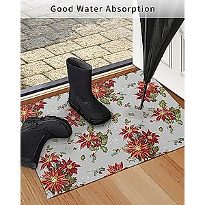 Indoor Outdoor Mats, Christmas Flowers and Leaves Tile Pattern Door Mat, Non-Slip Absorbent Resist Dirt Entrance Mat Washable Welcome Mats for Entryway, Low-Profile Floor Mats