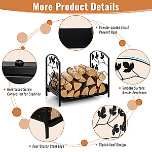 Firewood Rack Outdoor Indoor, Fireplace Wood Storage Holder with Exquisite Leaf Patterns, Heavy Duty Logs Rack Stand, Fire Wood Rack Bracket for Stove Fire Pit, 110 lbs Load Capacity, Easy Assembly