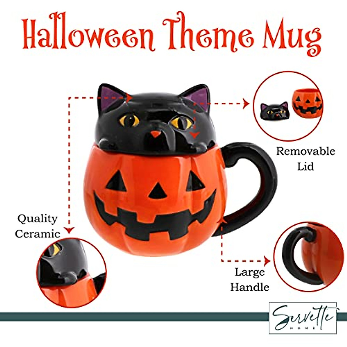 Servette Home Halloween Soup Mug with Lid (Orange Jack 'o Lantern Pumpkin & Black Cat)