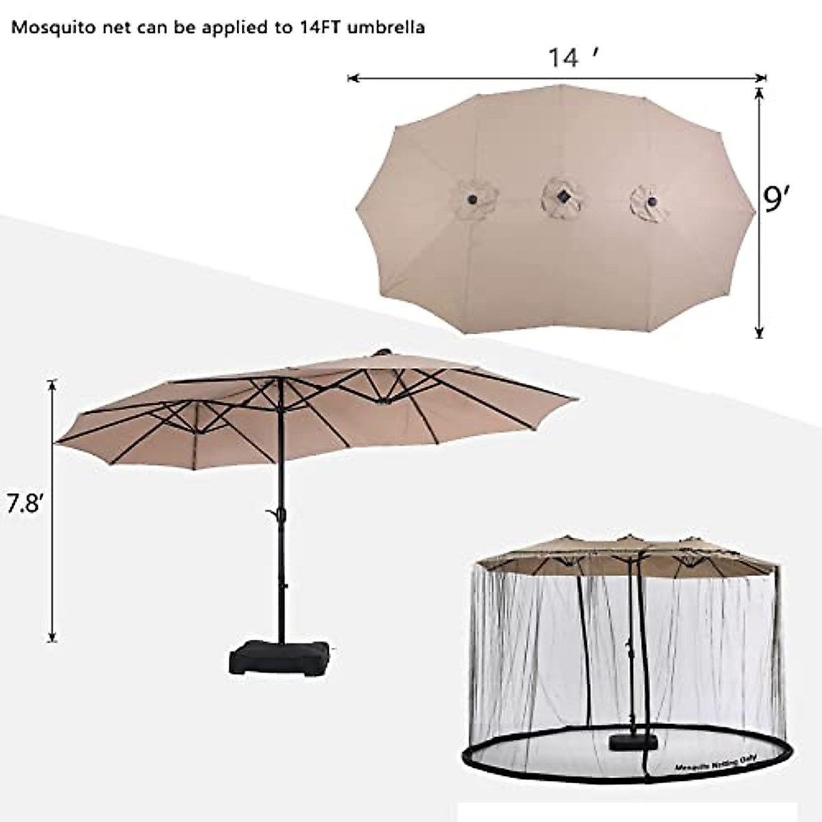 Tiimmgaal Mosquito Netting for Patio Umbrella 14FT Double Sided Patio Umbrella Canopy Netting &10X10 Ft gazebo (Black)(Does Not Contain Gazebo Patio Umbrella) (14FT Black)