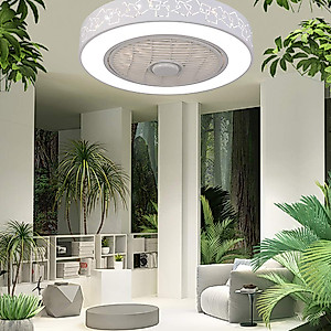 Ceiling Fan Light, Enclosed Round LED Dimmable Ceiling Lighting Fan with Invisible Blades,Semi Flush Mount Low Profile Fan W/Remote Control for Bedroom Office Living Room Children's Room 110V