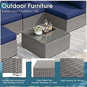 Crownland 7-Pieces Outdoor Patio Furniture Sets, All-Weather Grey Wicker Rattan Sectional Sofa, Modern Glass Coffee Table and Washable Seat Cushion with YKK Zipper (Dark Blue)