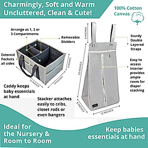 Cottage Lane Hanging Diaper Stacker Plus Caddy, 2 Piece Set, Gray Gender Neutral Cotton Canvas, Stylish Nursery Diaper Organization, Shower Gift