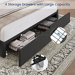 BRELTAM Queen Size Bed Frame with 4 Storage Drawers Linen Upholstered Platform Bed with Wingback Headboard, No Box Spring Needed, Easy Assembly, Dark Grey