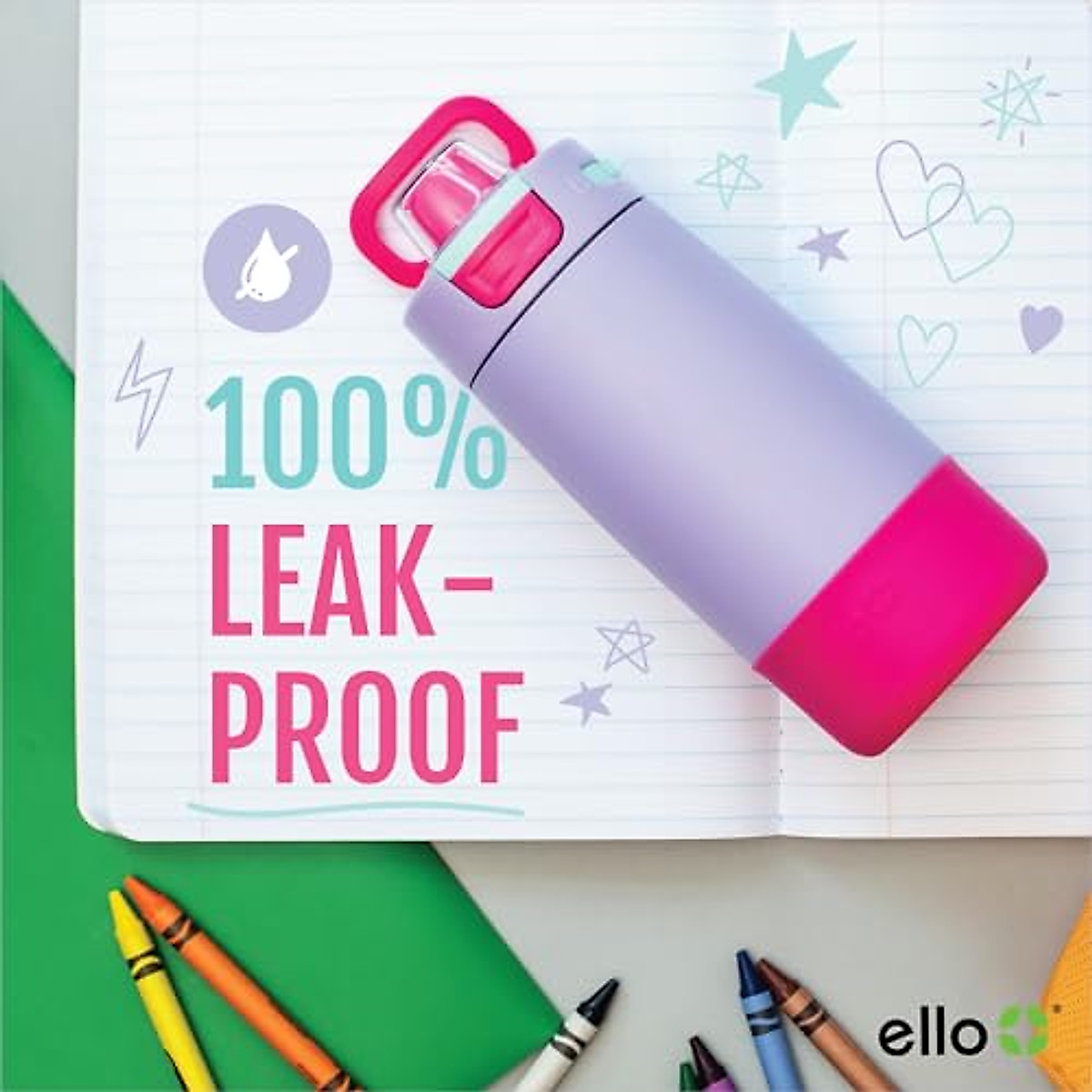 Ello Kids Colby 12oz Stainless Steel Insulated Water Bottle with Straw and Built-In Silicone Coaster Carrying Handle and Leak-Proof Locking Lid for School Backpack, Lunchbox, and Outdoor Sports, Teal