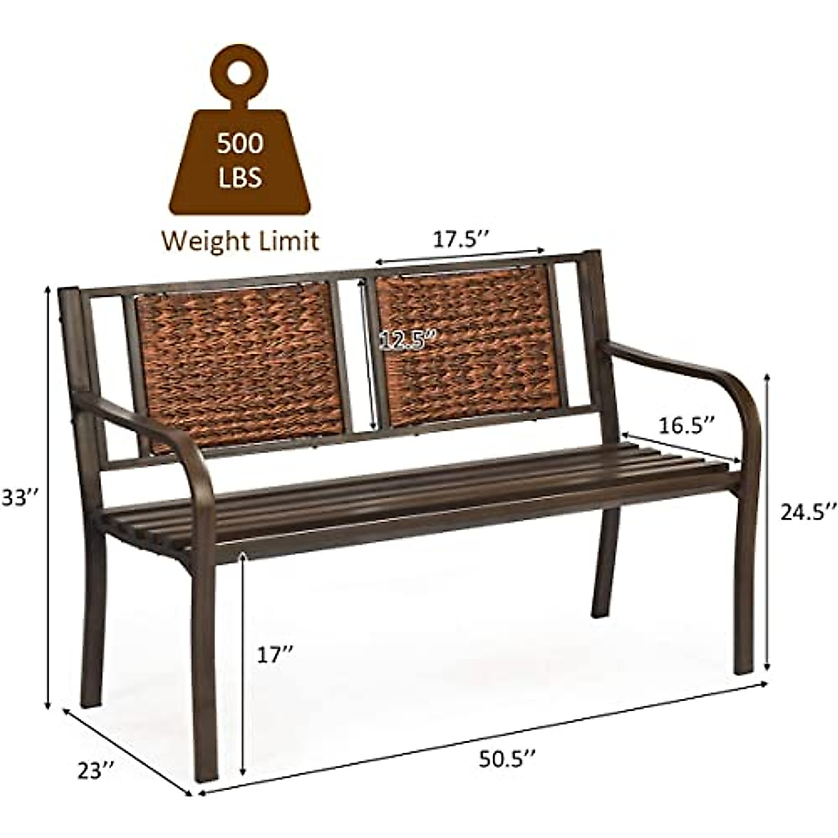 Safstar Outdoor Bench Seat, Metal Garden Bench with Elegant Rattan Backrest & Curved Armrest, 2-Person Loveseat for Front Porch Entry Way Patio Garden, Patio Garden Bench Park Bench Porch Bench