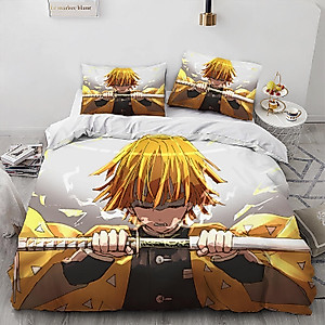 NICHIYOBI Devil Slayer Anime Zenitsu Flash Breathe Duvet Cover Set 3D Bedding Comforter Cover 3 Pcs (1 Duvet Cover+2 Pillowcases) Bedding Set (08,Queen-90x90in+20x30in*2)