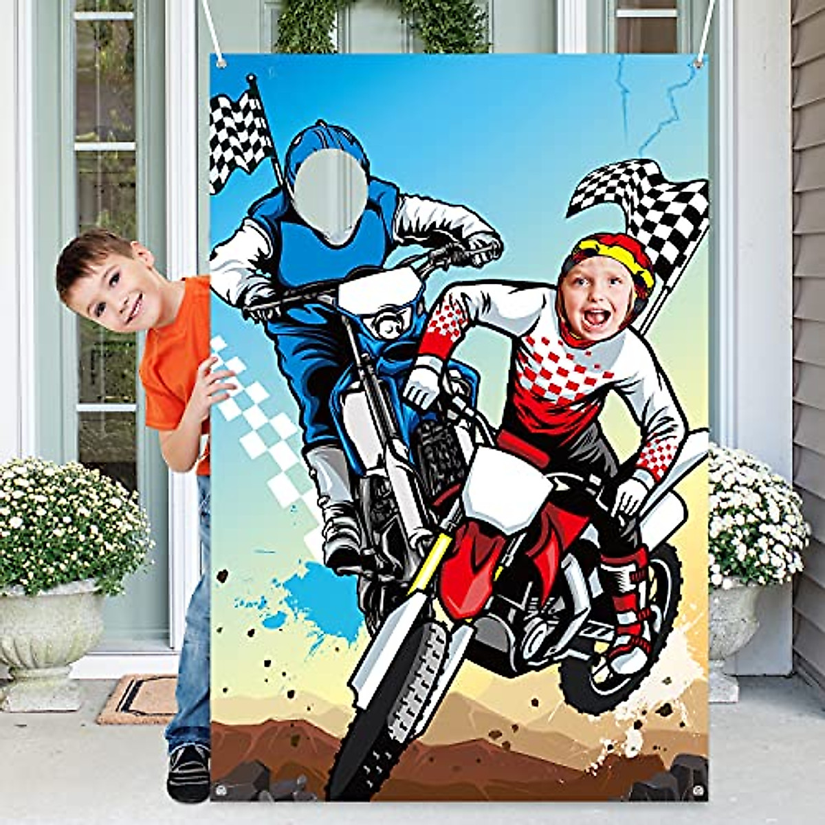 PANTIDE Motocross Photo Door Banner Backdrop Props, Large Satin Photo Background Face Photography Banner Decor Dirt Bike Theme Party Favor Supply Decorations Funny Party Games for Kids, 59 x 39 Inch