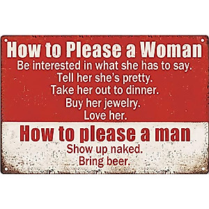 Funny Vintage Metal Tin Signs How To Please A Woman And A Man Sign Man Cave Sign For Women Retro Bar Decor Pub Tin Letters Sign Home Garage Kitchen Wall Decoration 8x12 Inches