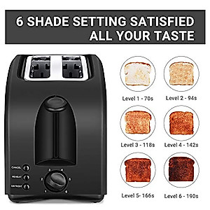 2 Slice Toaster CUSINAID Black Wide Slot Toaster 2 Slice Best Rated Prime with Pop Up Reheat Defrost Functions, 6-Shade Control, Removable Crumb Tray