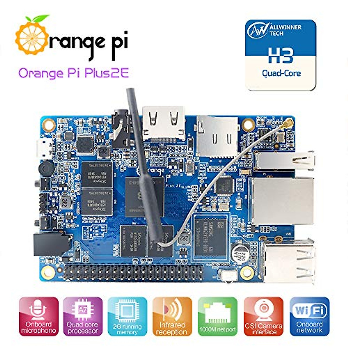 Orange Pi Plus 2E 2GB DDR3 AllWinner H3 Quad Core Open-Source Development Board with 16GB EMMC Flash, Single Board Computer Run Android, Ubuntu, Debian (PI Plus 2E + Power Supply Adapter)