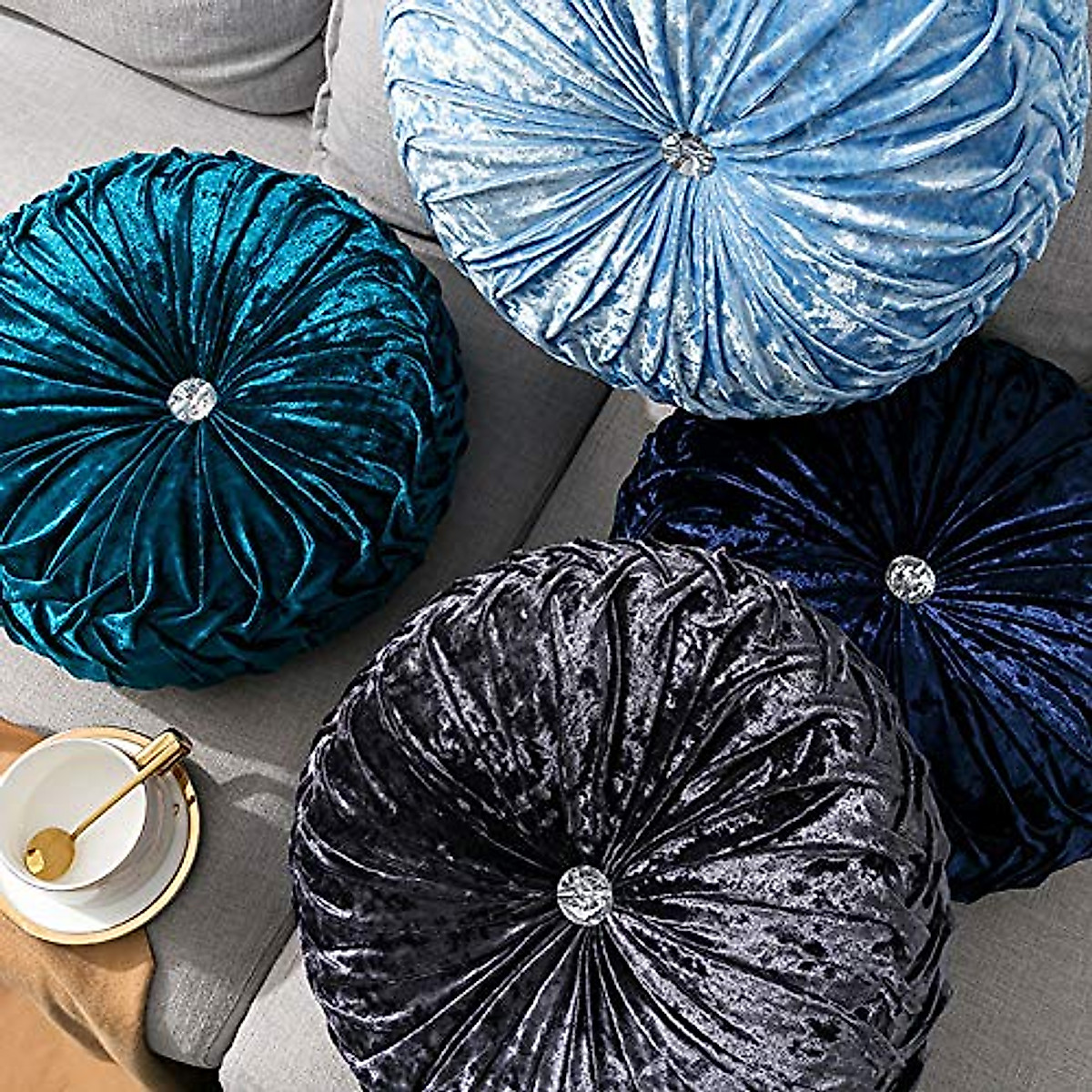 Elero Round Throw Pillow Velvet Chair Cushion Soft Pleated Pumpkin Round Pillow Decorations for Home Car Black