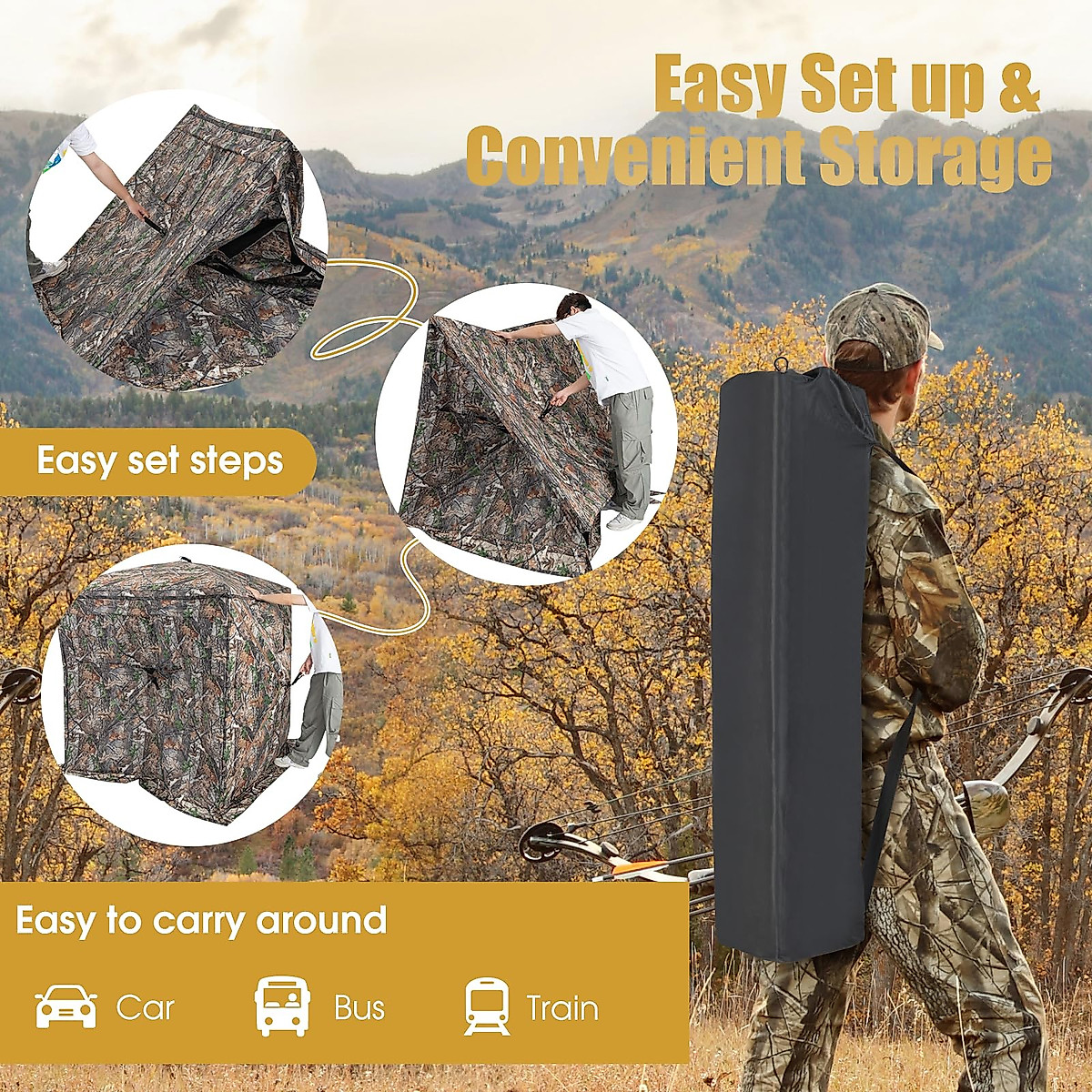 HAPPYGRILL Hunting Ground Blind for 2-3 Person, 270° See Through Hunting Blind with Storage Bag, Panoramic Window, Silent Window Slide, Portable Pop Up Blind Hunting Tent