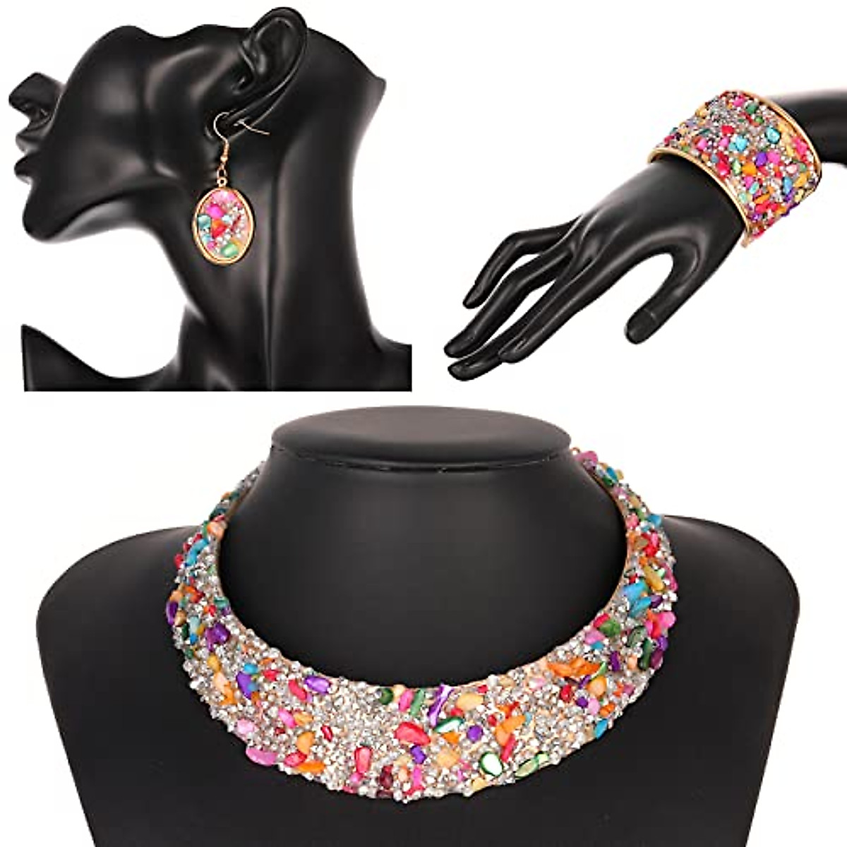 K-toobeely 3pcs Colorful Stone Rhinestone Collar Gold Metal Necklace Sets For Women Bib Choker Collars Necklaces Jewelry Accessories