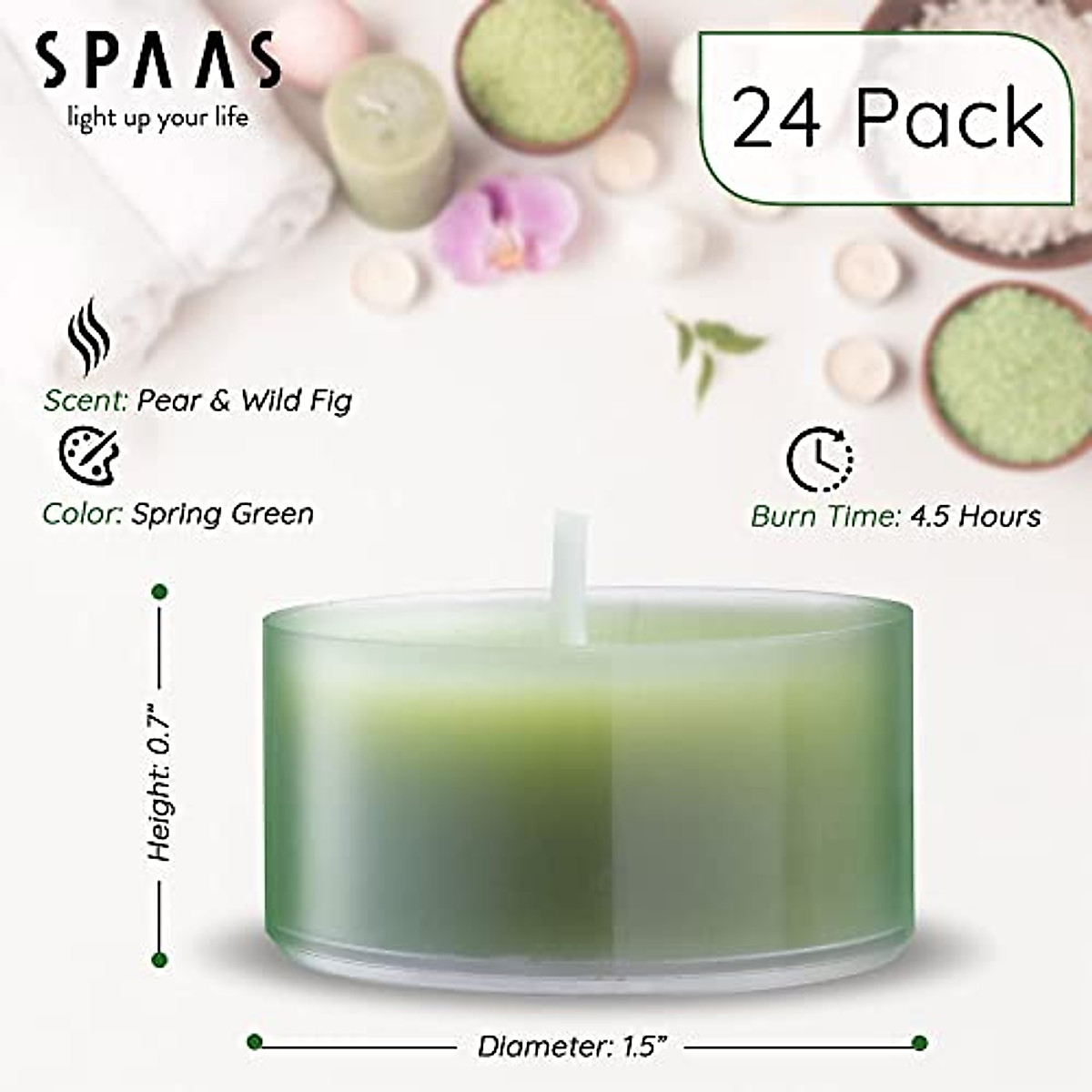 SPAAS Scented Tea Lights Candles in Clear Cups - Pear & Wild Fig Fragrance | Premium Long Burning Scented Tealight Candles for Spa, Romantic Décor, Meditation, Dinner, and Home Décor | Pack of 24
