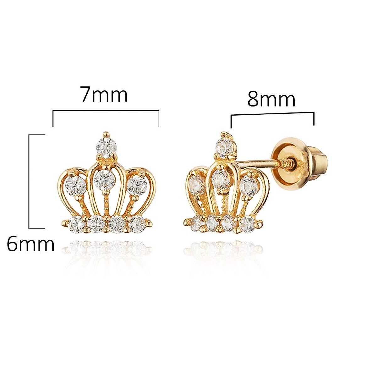 14k Yellow Gold Crown Cubic Zirconia Children Screwback Baby Girls Earrings
