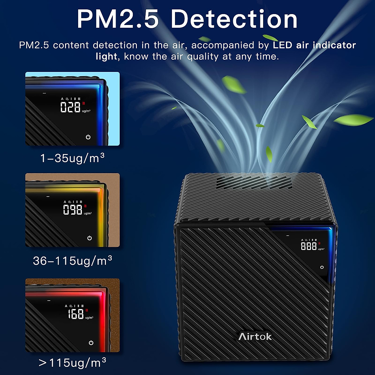 AIRTOK Air Purifier for Home Allergies Pets Hair in Bedroom Covers up to 1200 Sq.Ft with PM2.5 Index, Double-sided Air Inlet Hepa H13 Filters with Auto Mode, Remove Dust Smoke Pollutants Odor, Black