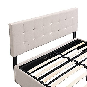 Contemporary Linen Upholstered Platform Bed Mattress Foundation w/Button Tufted Headboard&Slats for Adult,Low Panel Bedframe w/Gas Lift up Storage Space&Wooden Slats,No Box Spring Needed (Beige,Queen)