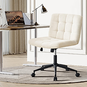 Furnimart Swivel Criss Cross Legged Chair with Wheels for Home Office, Wide Armless Desk Chair Height Adjustable Comfy Seat for Desk,Vanity, Bedroom, Faux Fur White