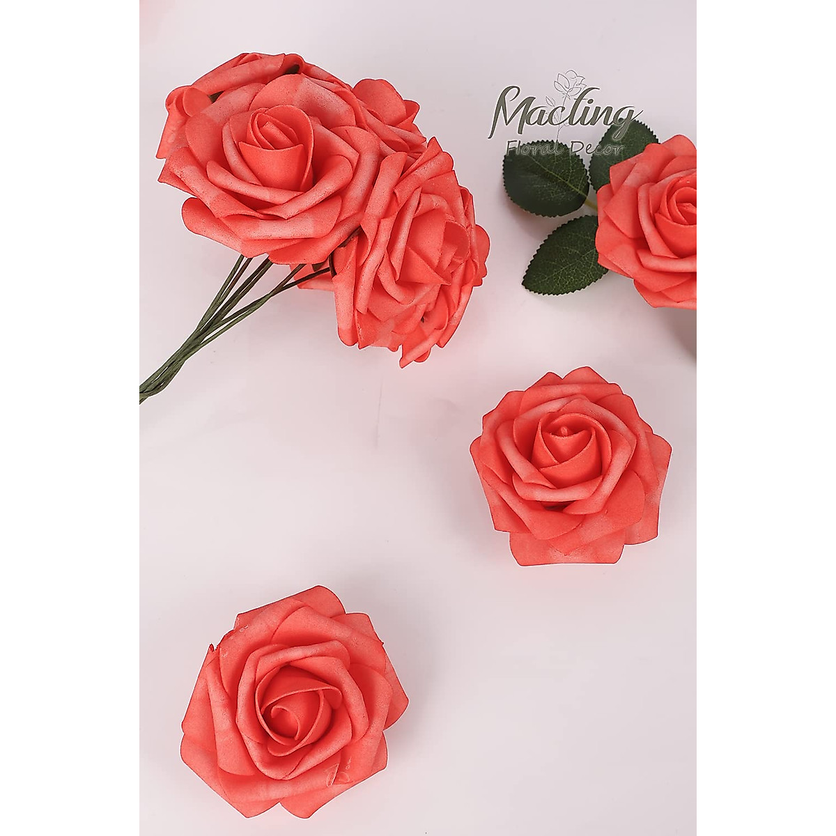 MACTING 30PCS Artificial Rose Flowers Real Touch Coral Red Flowers with Stem Fake Roses for DIY Wedding Bouquet Table Centerpieces Party Holiday Baby Shower Home Spring Decorations