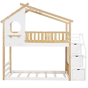 House Bed Bunk Beds with Stairs, Twin Over Twin Bunk Bed with Storage and Guard Rail, Floor Bunk Bed with Roof, Wood Bunk Bed Frame for Kids, Teens, No Box Spring Needed (Natural & White)