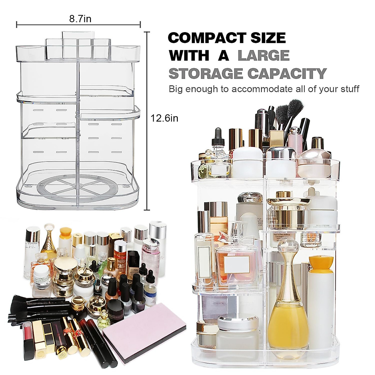 AMEITECH 360-Degree Makeup Organizer, DIY Adjustable Rotating Cosmetic Storage Carousel Spinning Holder Storage Rack with 5 Layers Large Capacity, Best for Countertop, Square