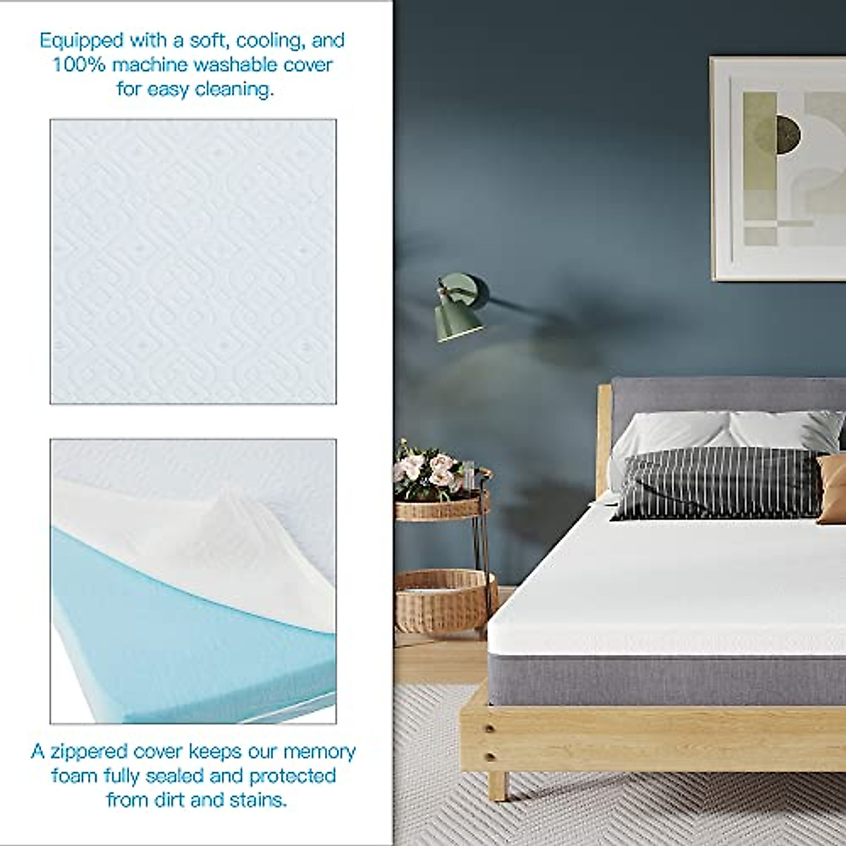 EZKozzy 3 Inch Memory Foam Mattress Topper Full Size High Density Cooling Pad Pressure Relief Bed Topper with Removable & Washable Bamboo Cover (Queen)
