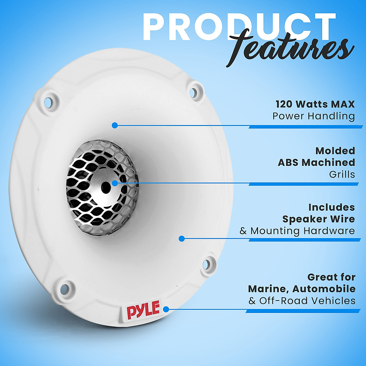 PyleUsa Marine Tweeter Speaker System, One Pair 1inch PEI White Dome Tweeter with Horn Diffuser, 120 Watts Max Power with 4 Ohm Impedance, IP-X5 Marine Grade Waterproof Rating