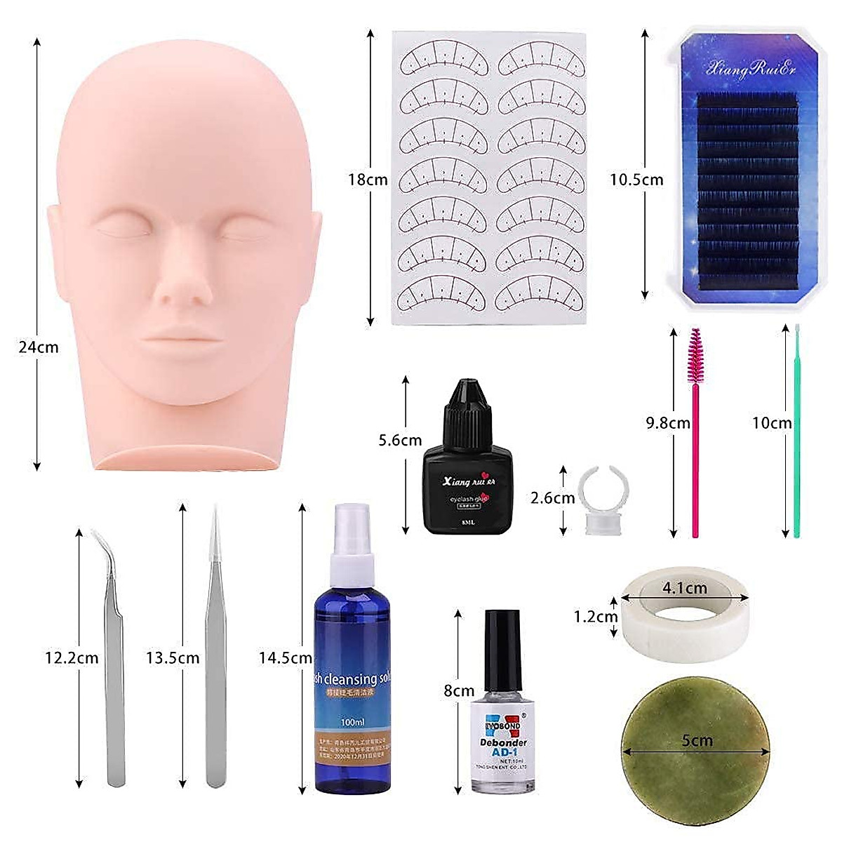 19pcs False Eyelashes Extension Practice Exercise Set, Professional Flat Mannequin Head Lip Makeup Eyelash Grafting Training Tool Kit for Makeup Practice Eye Lashes Graft White-with Glue